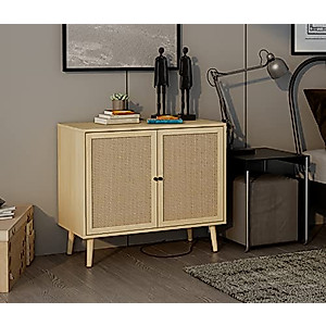 QHITTY Rattan Sideboard Buffet Cabinet, Accent Kitchen Storage Cabinet Console Table with Adjustable Shelves for Living Room, Dining Room, Bedroom (Natural)