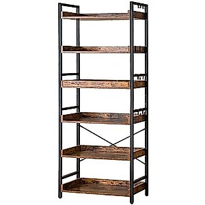 HCHQHS Bookshelf Adjustable 6 Tier Open Bookcase,Rustic Farmhouse Book Shelves, Industrial Wood and Black Metal Bookshelves,Mid Century Bookcase for Home Office Living Room Bedroom (Rustic, 6 Tier)