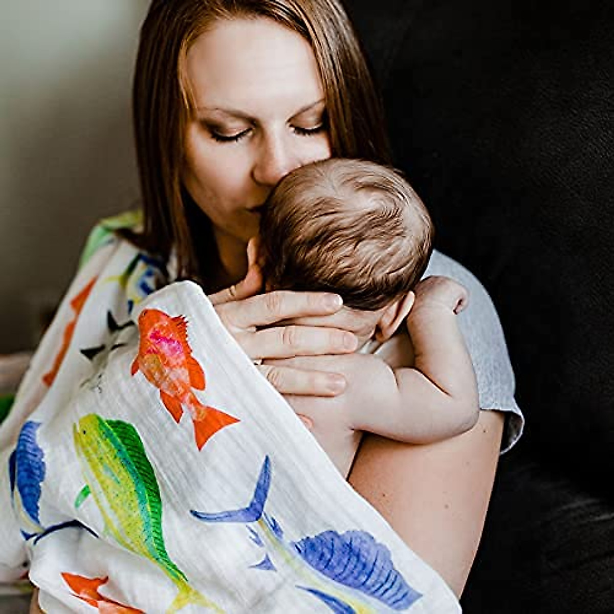 Florida Kid Co. Fish Baby Swaddle Blanket - 70% Viscose from Bamboo/ 30% Cotton Muslin - Silky Soft, Breathable, Lightweight, Large - 47 in. x 47 in.