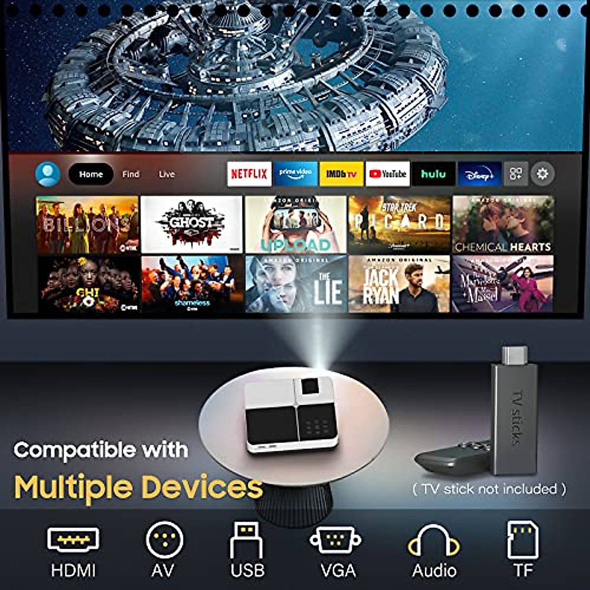 Video Projector, ARMAX Movie projector with Full HD 1080P & 170'' Display Supported,Protable Projector for Outdoor & Indoor with 40000 hrs LED Lamp Life,Compatible with TV Stick,HDMI,VGA,USB