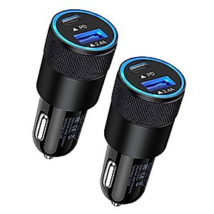30W USB C Car Charger, [2Pack] PD 3.0 Fast Charge Dual Port USB Type C and 2.4a USB A Cargador Carro Lighter Adapter Base for iPhone, iPad, Samsung Galaxy, LG, Google Pixel GPS, Z Play Droid, Motorola