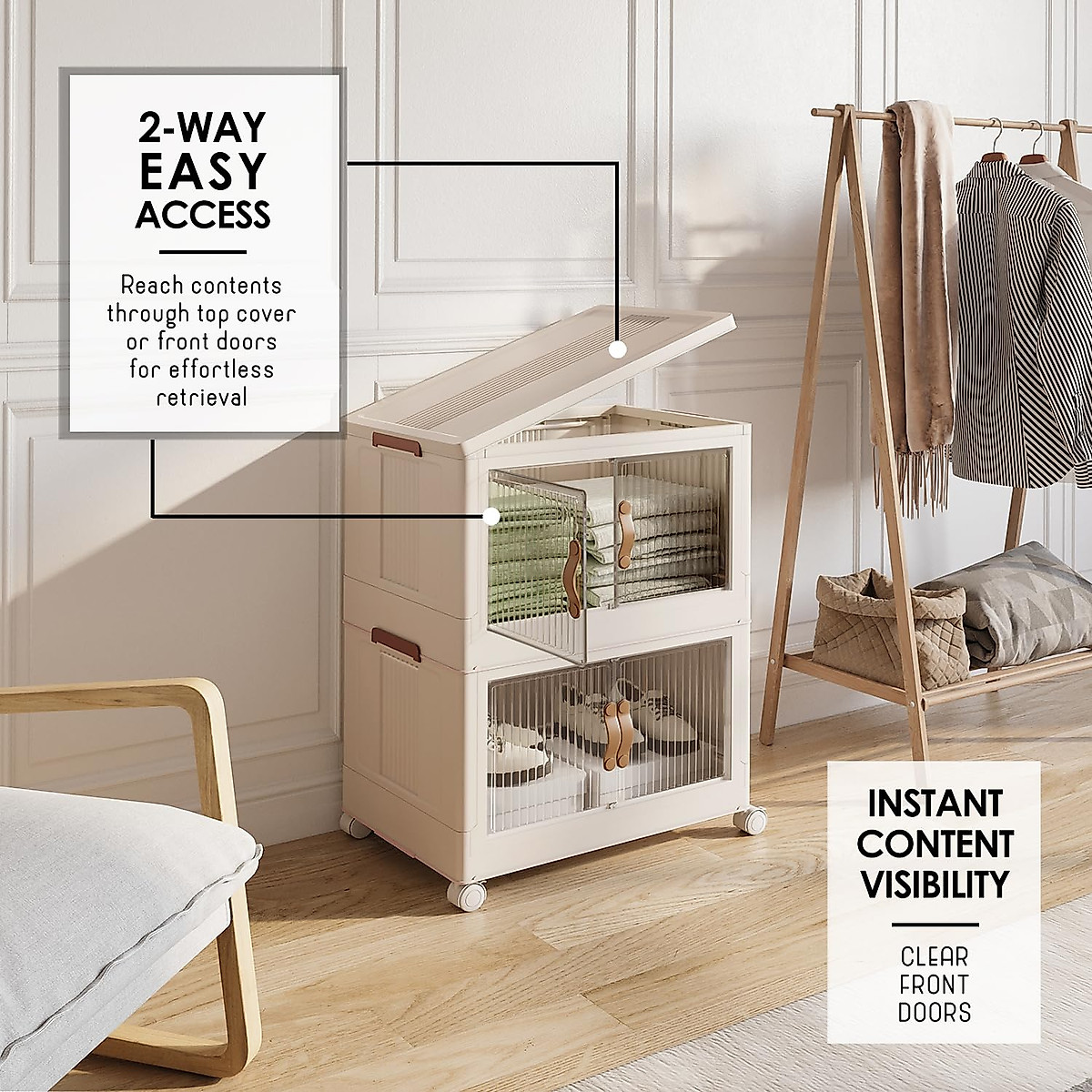 3 Pack Stackable Storage Bins with Lids 8.8 GAL - Collapsible Storage Bins Open Front & Top Home Office Closet Storage Organization, Foldable Plastic Clothes Storage Cabinet 360° Wheels, White 35 QT