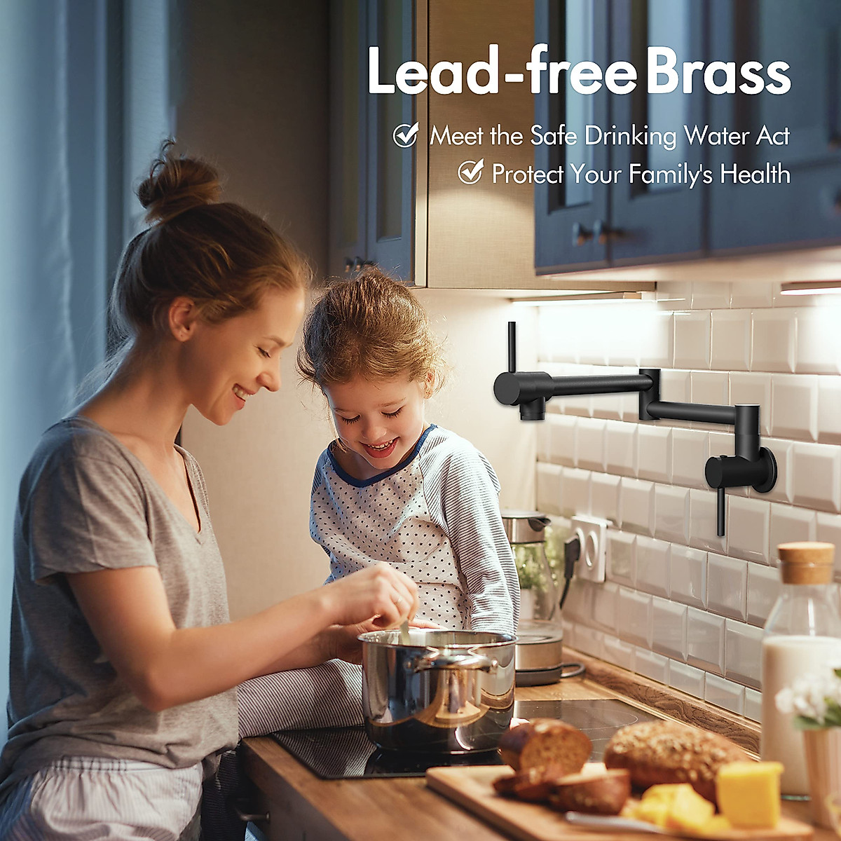 KES Pot Filler Folding Kitchen Faucet Brass Double Joint Swing Arm Sink Faucet Articulating Wall Mount Two Handle Single Hole, Matte Black, cUPC NSF Certified Lead-Free, KN926LF-BK