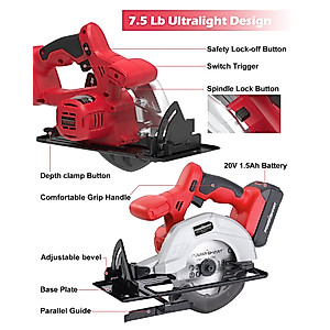 PowerSmart 20V 5-1/2 Inch Cordless Circular Saw with 1.5Ah Battery and Fast Charger, 3800RPM, Max Cutting Depth 1-7/16”(45°), 1-5/8”(90°)