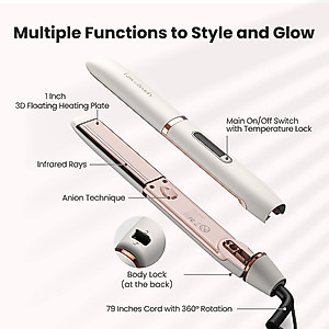 EasyinBeauty Hair Straightener Flat Iron with Ionic Infrared, 1 Inch Professional Hair Straightener and Curler 2 in 1, Ceramic Tourmaline Flat Iron with 5 Adjustable Temp, LED Display, Fast Heating