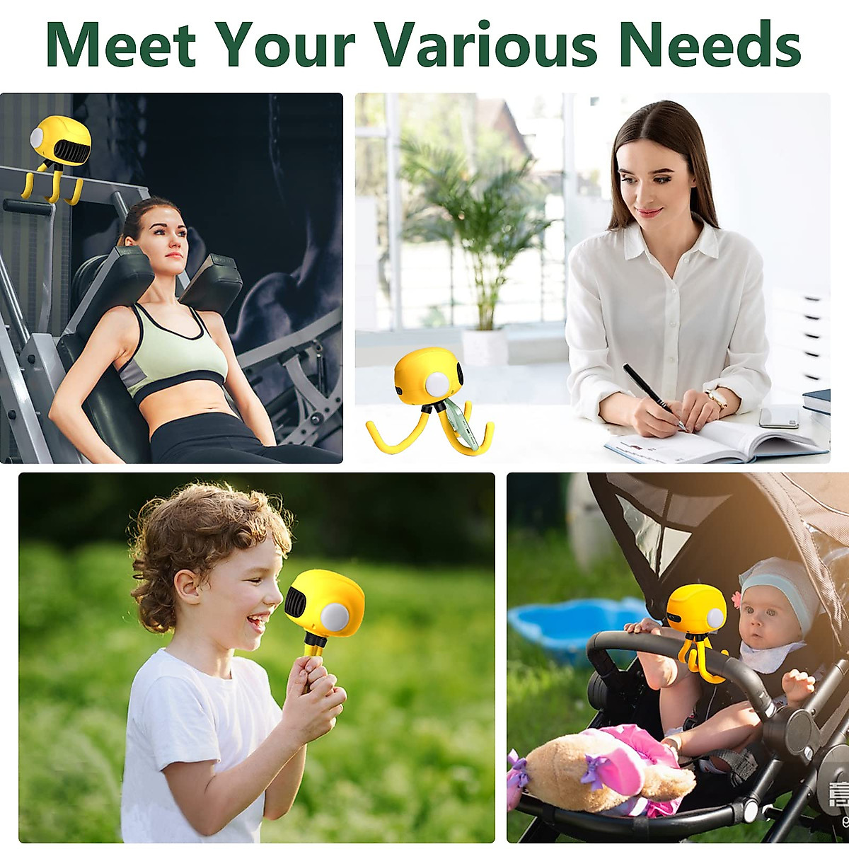 TRELC Stroller Fan with Light, 3 Speed Portable Handheld Bladeless Fan, Multipurpose Baby Fan, 3000mAh Rechargeable USB Fan for Stroller, Crib, Car Seat, Desk, Treadmill (Yellow)