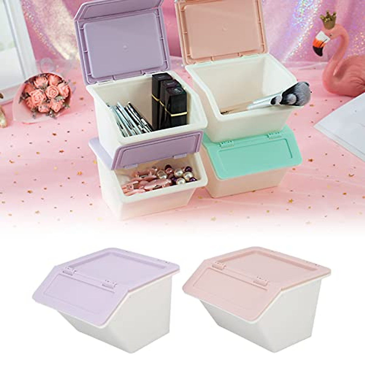 Desk Storage Box Purple Pink Dust Cover Stackable Design Keeping Tidy Skincare Organizer for Cosmetic
