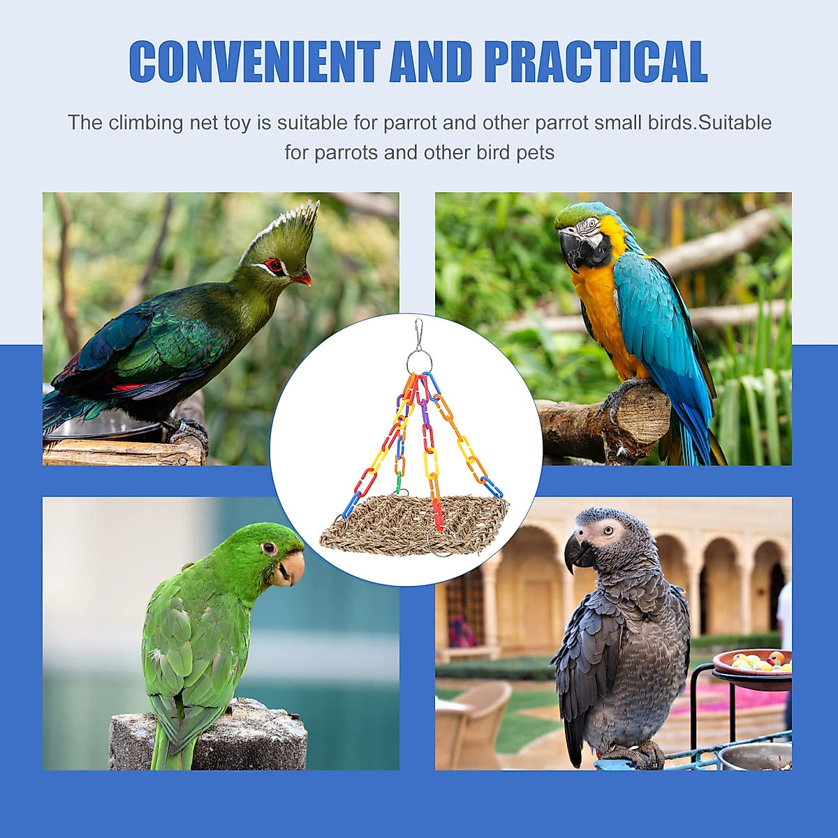 VILLCASE Bird Foraging Cage , Seagrass Woven Climbing Hammock Swing Mat with Colorful Chewing Rope Toys, Suit for Lovebirds, Finch, Parakeets, Conure, Cockatiel