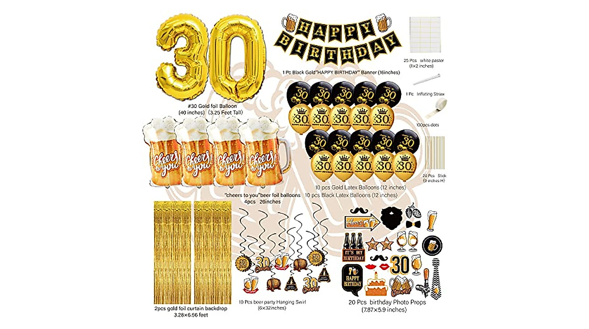 30th Birthday Decorations for Him | Black Gold Party Supplies