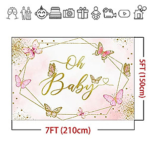 Mocsicka Butterfly Baby Shower Backdrop 7x5ft Oh Baby Pink Glitter Butterflies Baby Shower Party Decorations for Girls Butterfly Kisses and Baby Wishes Photography Background