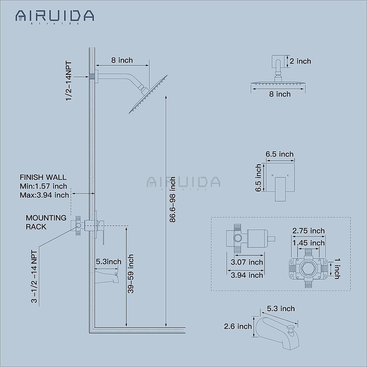 Airuida Shower Faucet Set with Tub Spout Bathtub Faucet Kit Complete Tub Shower Trim Kit with Solid Brass Rough-in Valve and 8 Inch Square Rainfall Showerhead Bent Shower Arm Matte Black