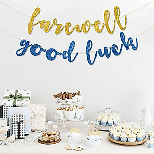 RoadSea Farewell Good Luck Banner - Graduation Theme - Retirement Party Supplies - Going Away - Job Change Party Decorations - Gold Blue Glitter