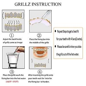TOPGRILLZ 18K Gold Plated Iced Out Simulated Diamond Grillz Top and Bottom Grills for Your Teeth with Extra Molding Bars Hip Hop (Silver Set)