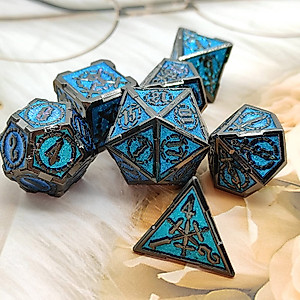 Metal DND Dice Set D&D Dungeons and Dragons Sword Dice Gift D20 Polyhedron Suitable for Rolling RPG MTG Pathfinder Board Game Accessories Free Velvet Bag-Black Nickel Glitter Blue