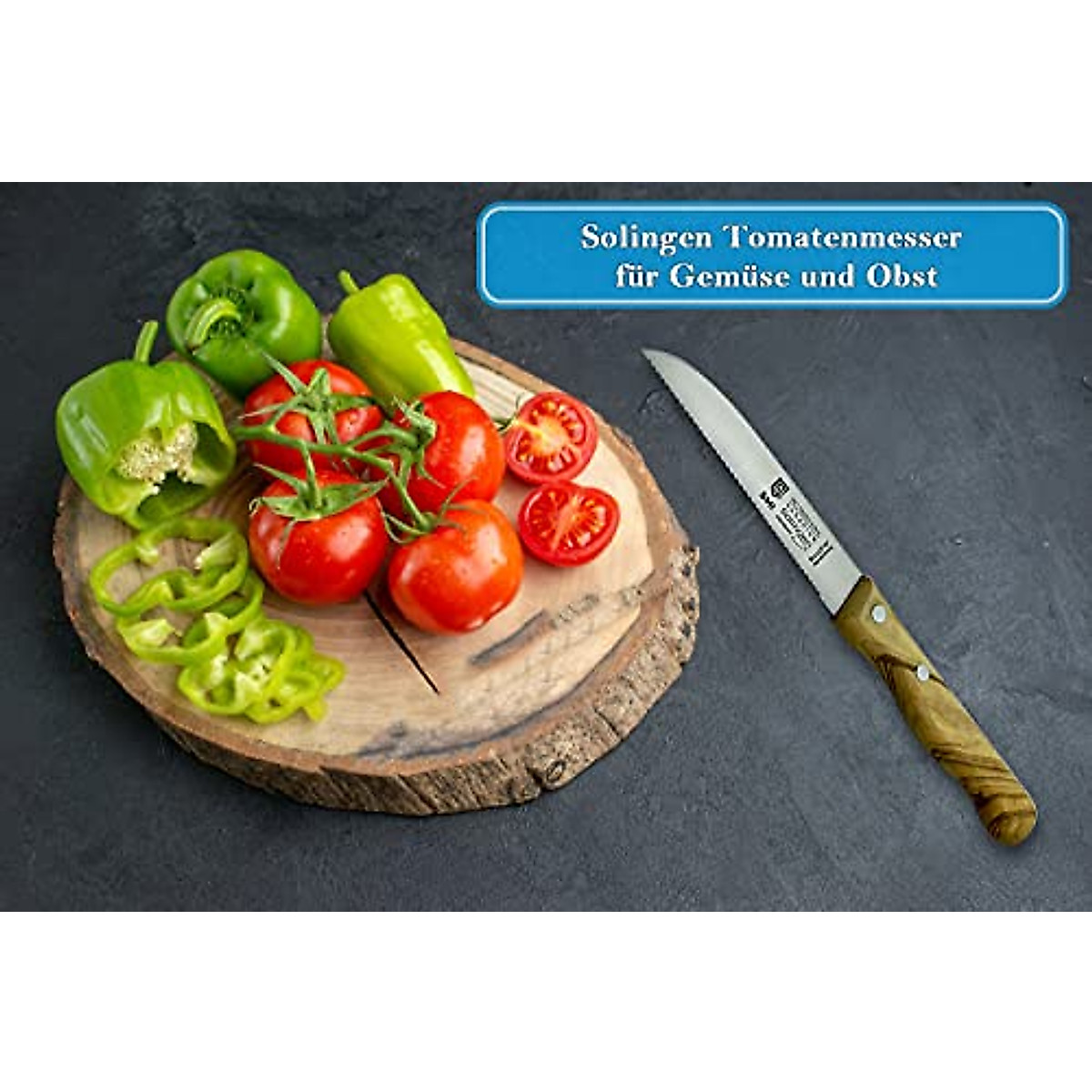 SMI - Tomato Knife Paring Knife Serrated Professional Olive Wood Handle Solingen Knife Made in Germany - Not Dishwasher Safe