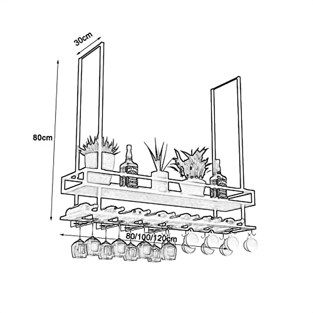 Ceiling Shelf Wine Rack, Hanging Shelf with Glass Holder, Iron Upside Down Stemware Goblet Wine Glass Holder,bar Wine Rack Hanging Flower Stand (Color : Black, Size : 120X30X80CM)