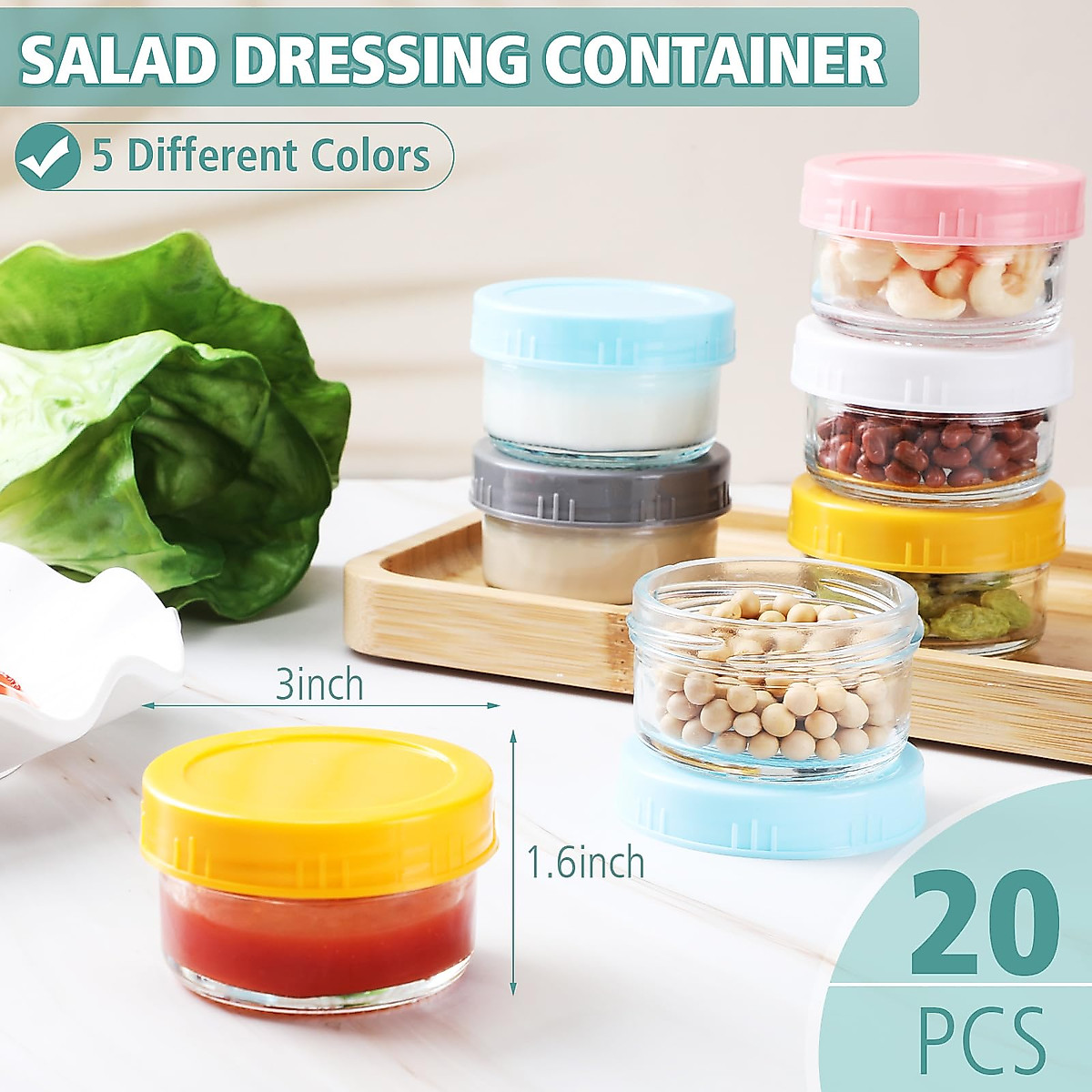 Uiifan 20 Pcs Salad Dressing Container with Screw Lids 1.3 oz Mini Reusable Glass Condiment Containers Leakproof Small Mason Jars Airtight Dipping Sauce Cups Set for Food Storage Lunch Box Work Trip