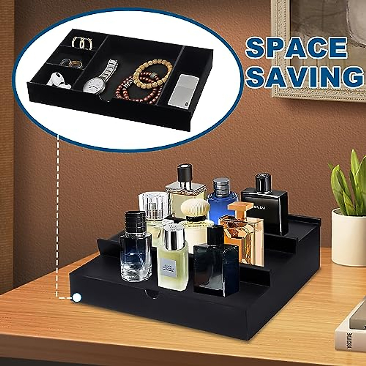 Acrylic Cologne Organizer for Men, Perfume Display Shelf,Perfume Stand with Drawer for Mens Room Essentials,Watch,Accessories, Mens Organizer Station for Dresser,Beside,Night Stand,Best Gifts For Men