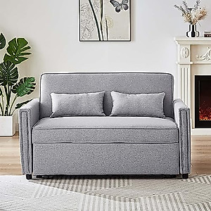 Antetek Sleeper Sofa Couch Bed, 54" Modern Linen 3 in 1 Convertible Loveseat Sleeper with Pullout Bed, Small Love seat Futon Sofa w/Adjustable Backrest for Living Room Bedroom, Light Grey