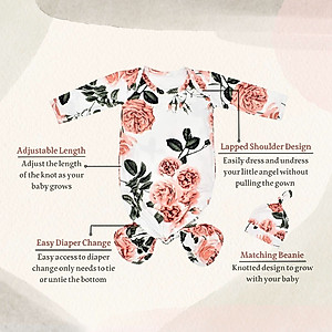 Giggle Angel Newborn Baby Sleeper Gown Infant Knotted Gown Baby Girl Long Sleeve Gowns Coming Home Outfits Hat Set 0-3 Months (Inkgreen)