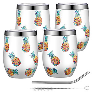 Ferraycle 4 Pieces Pineapple Tumbler Pineapple Gifts for Women Pineapple Wine Tumbler with Lid 12oz Stainless Steel Vacuum Insulated Wine Tumbler Pineapple Tropical Travel Tumbler