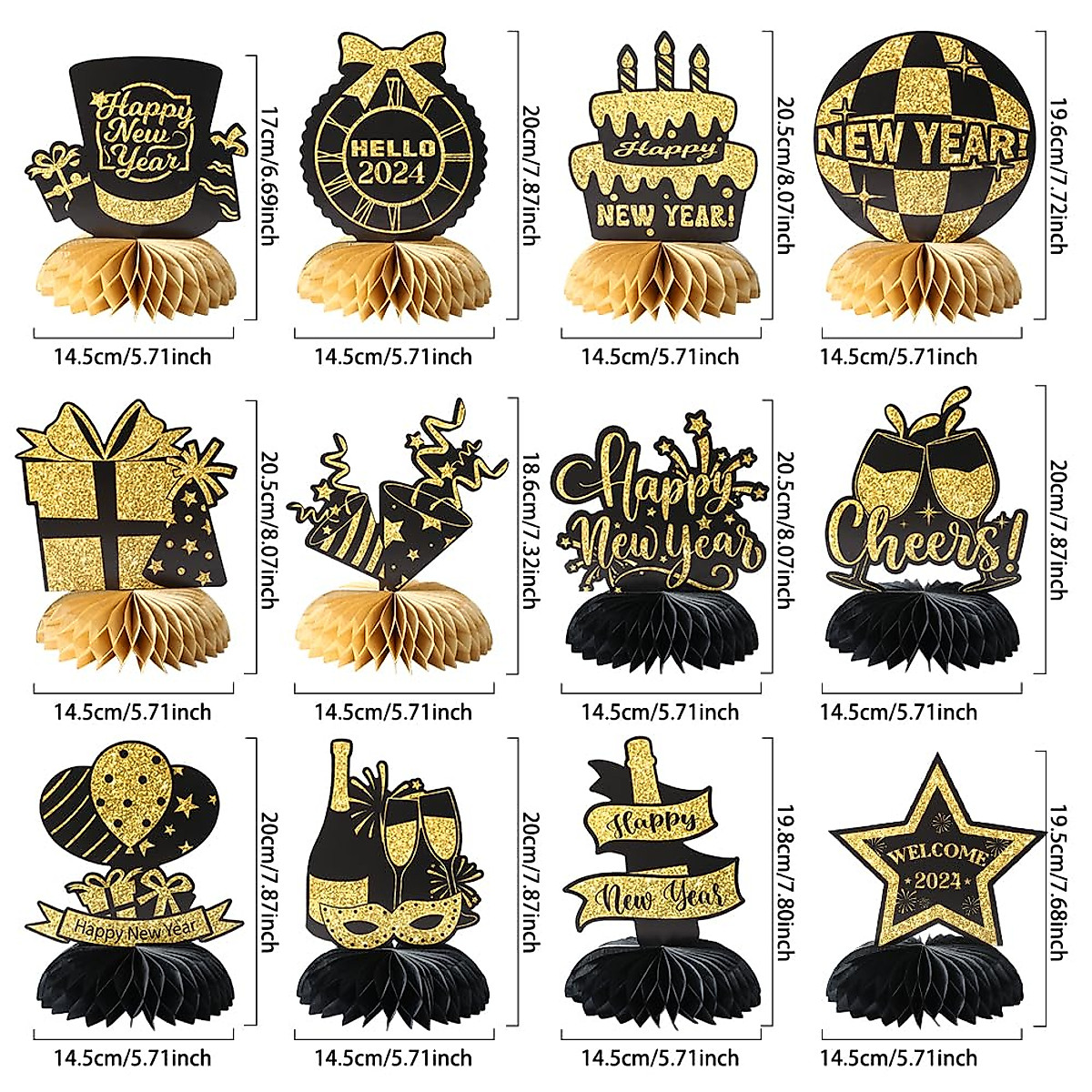 Happy New Year Honeycomb Centerpieces Decorations Pack of 12 3D Happy New Year Decorations 2024 for Happy New Year Theme Table Toppers New Year Eve Party Supplies 2024