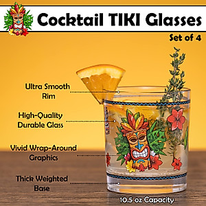 Tiki Cocktail Glasses Set of 4-10.5 Ounce Rocks Drinking Cups | Exotic Hawaiian Luau Party Barware