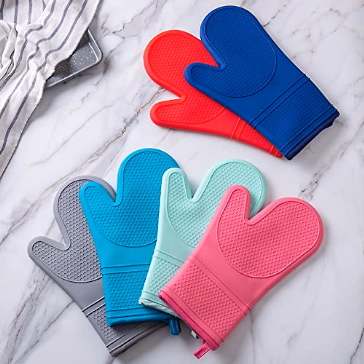COOK WITH COLOR Silicone Oven Mitts- Heat Resistant Gloves with Soft Quilted Lining Oven Mitt Pot Holders for Cooking and BBQ, Pink, Oven Mitt