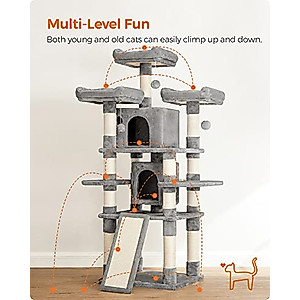 FEANDREA 67-Inch Multi-Level Cat Tree for Large Cats, with Cozy Perches, Stable, Light Gray UPCT18W
