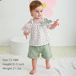 JEELLIGULAR Toddler Baby Girl Clothes Off Shoulder Loose Floral Top Shirt Solid Casual Shorts Set Cute Summer Outfits (Green Flower, 12-18 Months)