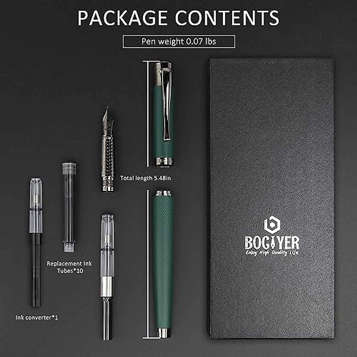 BOCIYER Luxury Fountain Pen Set,Ink Pen for Smooth Writing,Medium Nib,Includes 10 Ink Cartridges&Ink Converter,Best Pen Gift Case for Men & Women,fancy,calligraphy,Executive,Office pen-Green
