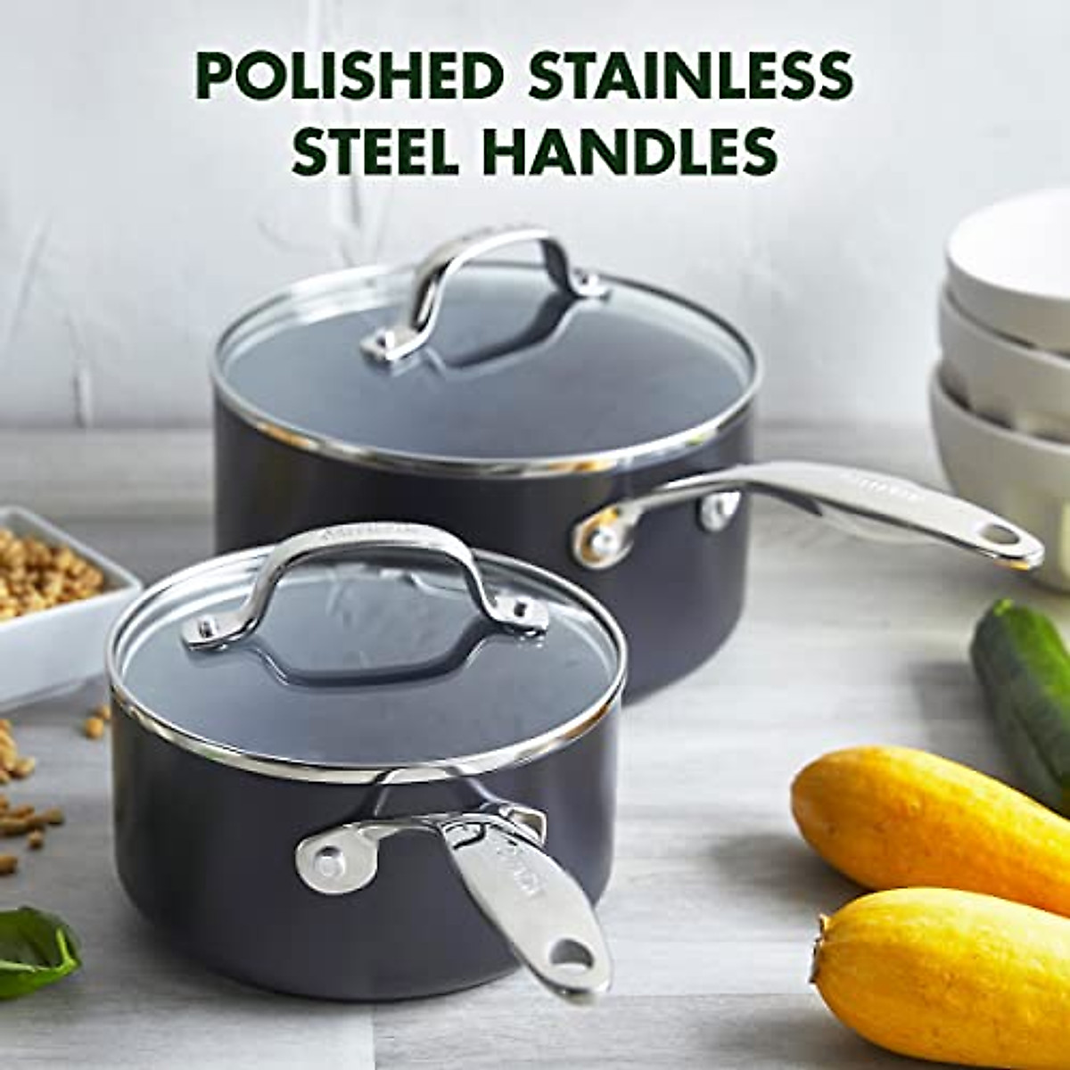 GreenPan Valencia Pro Hard Anodized Healthy Ceramic Nonstick 2QT and 3QT Saucepan Pot Set with Lids, PFAS-Free, Induction, Dishwasher Safe, Oven Safe, Gray