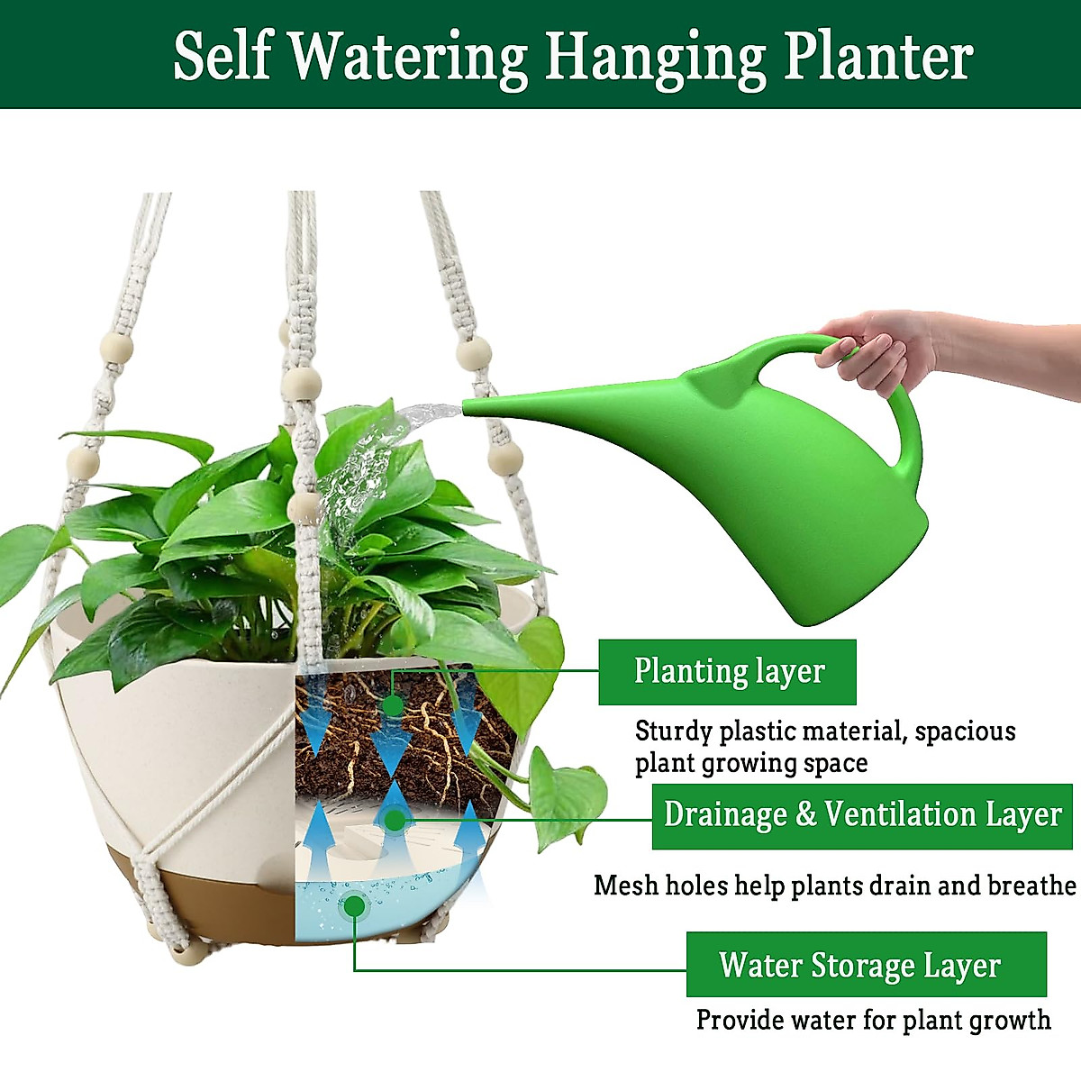Koalaime Hanging Planter Self Watering 10 Inch, 2 Pack Indoor Outdoor Hanging Baskets, Hanging Flower Pots with Drainage Hole & 2 Kinds of Plant Hangers for Garden Home Decor(Cream)…
