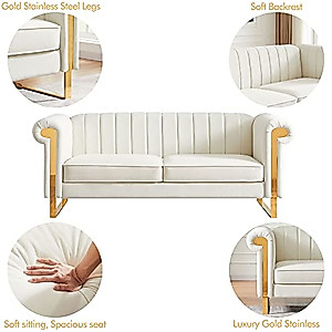 83" Modern Chesterfield Sofa, Melpomene Velvet Sofa Couch with Flared Arms and Removable Cushions for Living Room Bedroom（Beige）