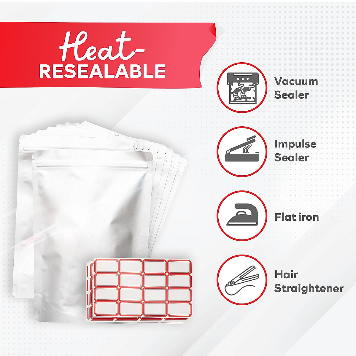 XFasten Resealable Mylar Bags for Food Storage with 112 Labels 1 Quart 7" x 10" (100-Pack) Resealable Bags for Small Business Resealable Mylar Bag for Food Preservation, Sealable Bags for Packaging