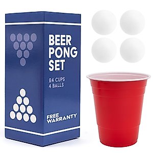 BayView Beer Pong Set Complete | 24 Cups & 4 Balls | America's #1 Drinking Game, Reusable