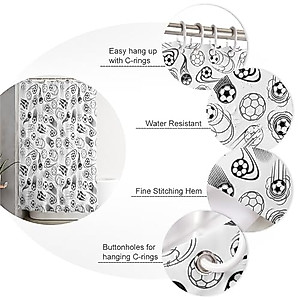 Minimalist Football Bathroom Set with Shower Curtain and Rug and Accessories,66x72 Inches Long Bathtub Curtain with Small Bath Mat,Bathtub Floor Runner Rug Set,12 Hooks Sports Theme Black White