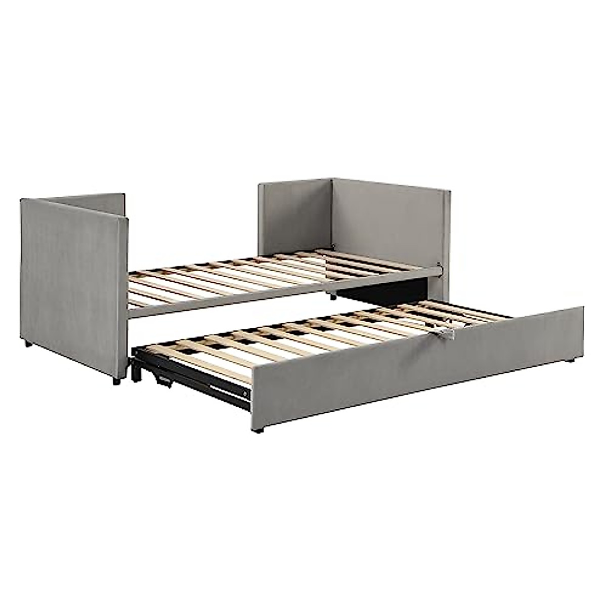 DEINPPA Twin Extendable Platform Bed, Upholstered Transitional Daybed with Trundle, Twin Size to King Size Bed, No Box Spring Needed-Grey