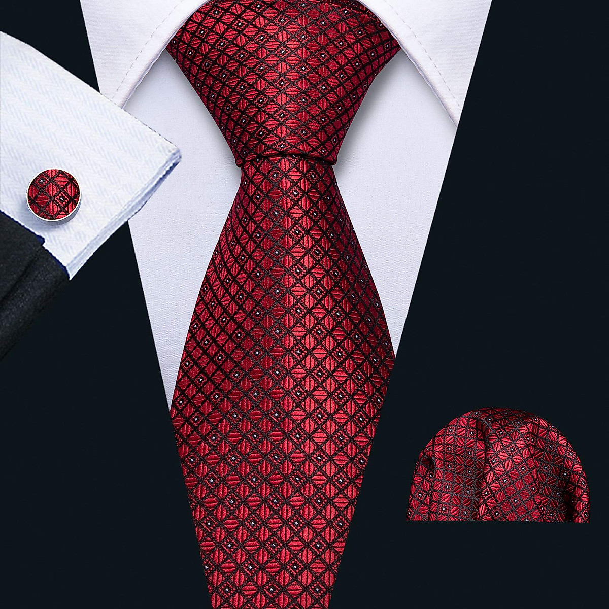 YOHOWA Men Tie Clip Set Plaid Burgundy Silk Necktie Pocket Square Cufflinks Formal Business Wedding Party