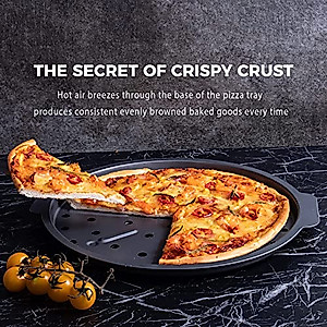 HONGBAKE 2 Pack Pizza Pan with Holes 12 Inch, Nonstick Pizza Tray for Oven with Widen Handles, Hot Air Pizza Crisper Tin, Round Baking Sheet for Frozen & Homemade Pizza, Grey