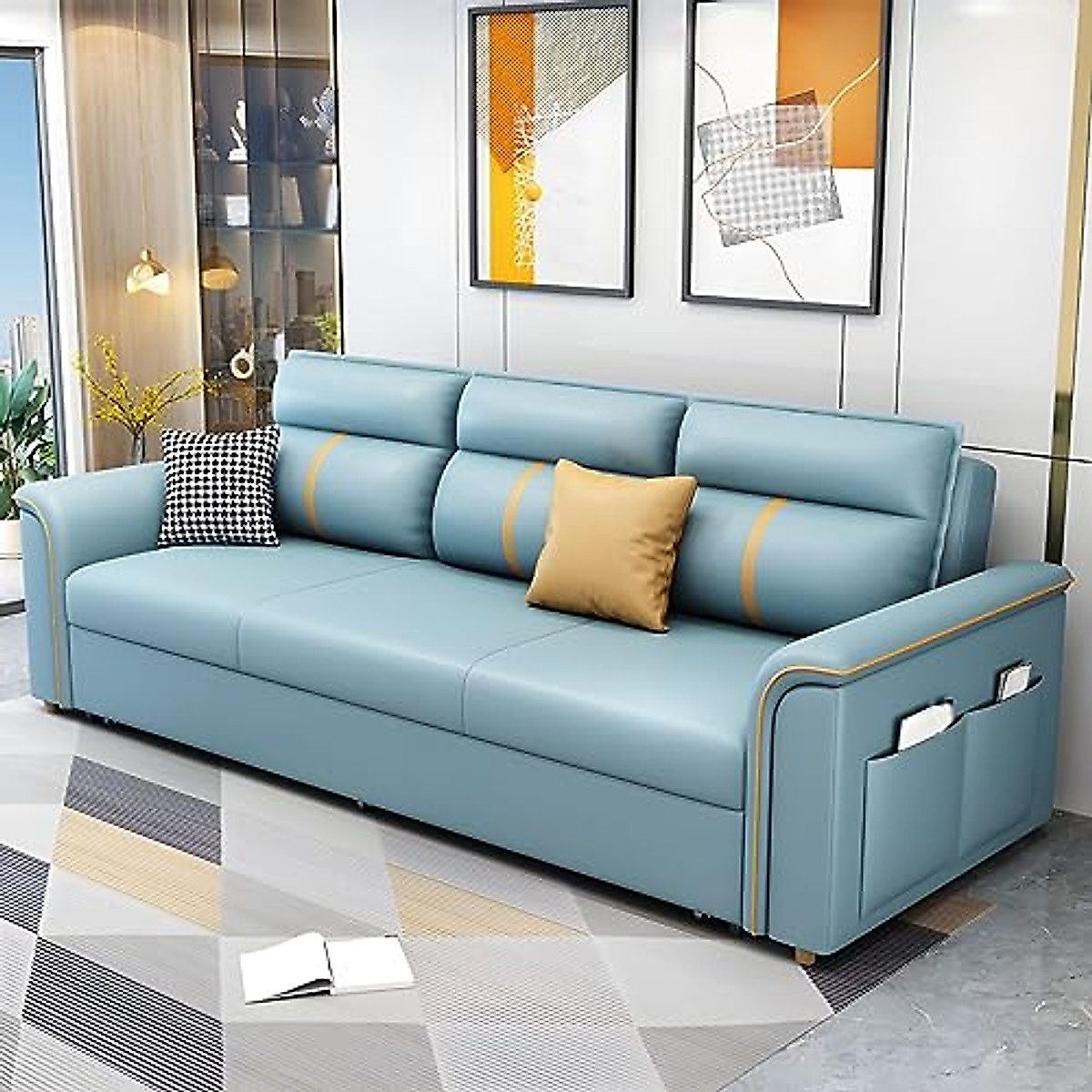 LAKIQ Contemporary Blue Sofa Bed with Storage Faux Leather, Metal, Sponge Seat Fill Loveseat Couch (94.5" L x 31.5" W x 33" H)