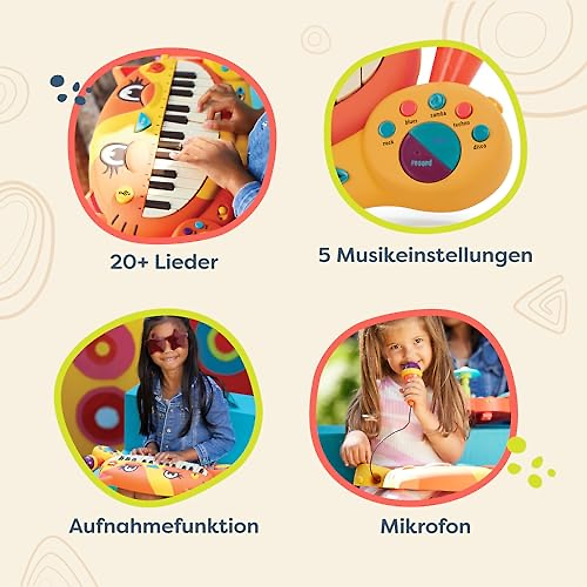 B. toys- Meowsic- Interactive Cat Piano – Toy Piano & Microphone – Musical Instrument For Toddlers, Kids – 20+ Songs, Sounds & Recording Feature – 2 Years +