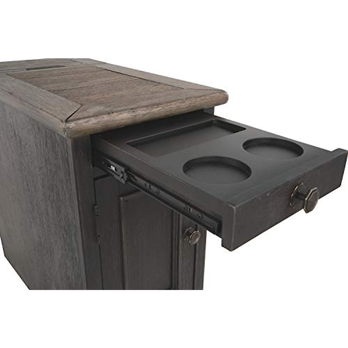 Signature Design by Ashley Tyler Creek Rustic Chair Side End Table with Pull-Out Tray & USB Ports, Brown