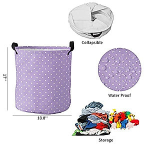 Purple White Polka Dot Large Laundry Basket, Waterproof Laundry Hamper for Baby Clothes, Simple Texture Spring Color Foldable Laundry Baskets with Handles, 13.8''x17''