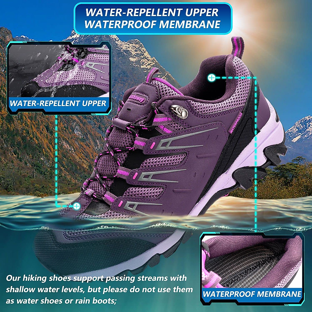 Ansbowey Womens Hiking Shoes Waterproof Lightweight Trekking Camping Boots Outdoor Non-Slip Walking Sport Shoes Purple US 7.5 Men/ 9.5 Women