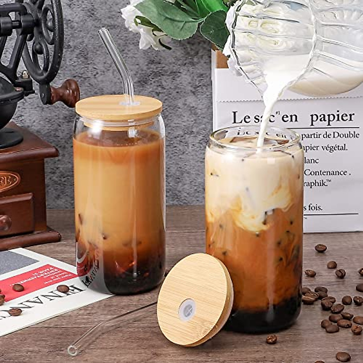 Drinking Glasses with Bamboo Lids and Glass Straw 8pcs Set, 16oz Beer Glasses Glass Cups, Iced Coffee Glasses, Ideal for Whiskey, Soda, Tea, Great Gift + 2 Cleaning Brushes