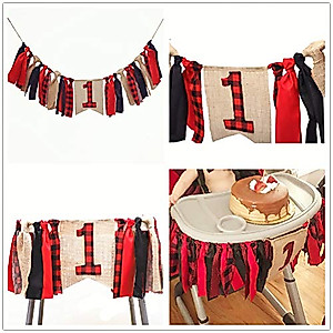 JeVenis Set of 2 Lumberjack Theme Banner Garland Party Supplies Lumberjack Highchair Banner Timber Buffalo Plaid Baby Boy First Birthday Party Photo Backdrop for Kid Birthday Baby Shower Party