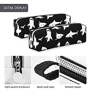 Ykklima Leather Pencil Case - Cute White Shark Fierce Black Pattern, Stationery Bag Pen Organizer Makeup Cosmetic Holder Pouch for School Work Office College