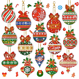 BBTO 15 Christmas Diamond Painted Keychains Art Ornaments 5D DIY Red Christmas Ball Patterns for Children's DIY Crafts