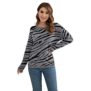 VIISHOW Women's Crew Neck Long Sleeve Sweatshirt Casual Loose Pullover Color Block Tops,Gray Leopard,Large